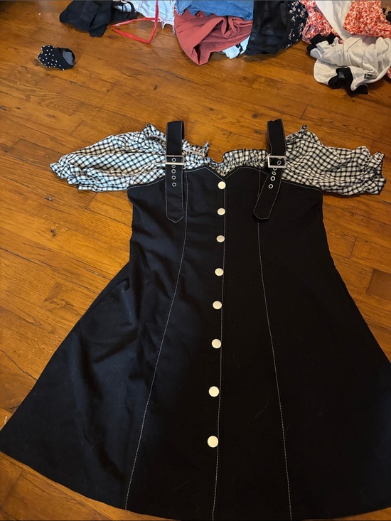 Dresses | Black Buttonfront Pinafore Dress With Gingham Puff Sleeves ...